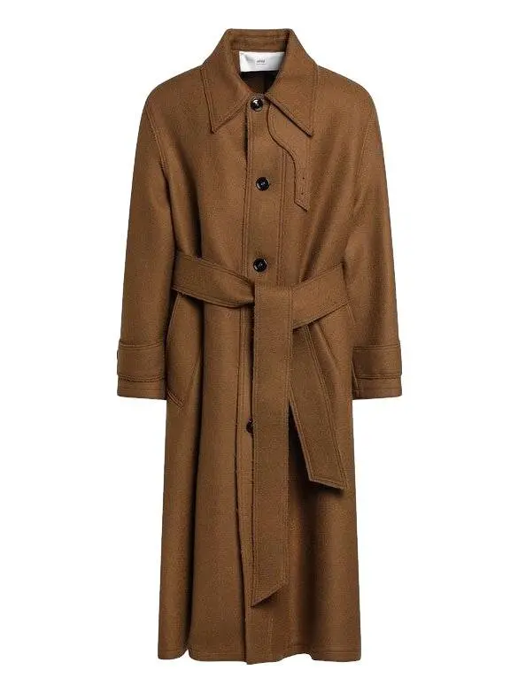 AMI Paris Wool Belted Mac Coat - Brown