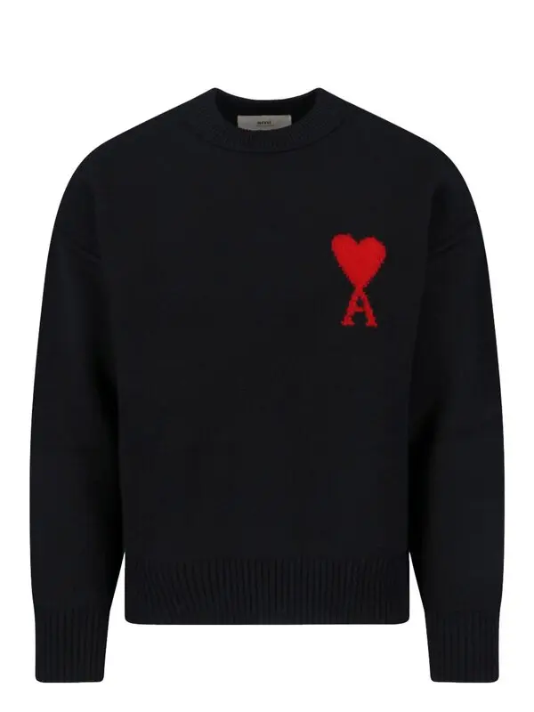 AMI Paris Crewneck Sweater With Contrasted De Coeur - Black