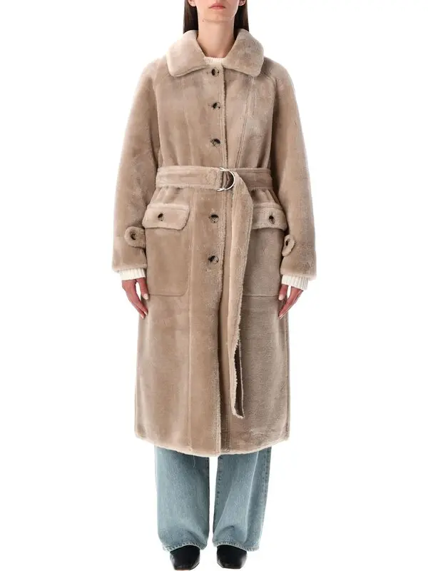 URBANCODE Long Reversible Faux Fur Jacket With Belt - Beige