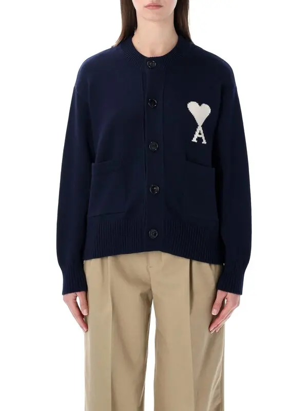 AMI Paris Wool Crewneck Cardigan With De Coeur Logo - Blue