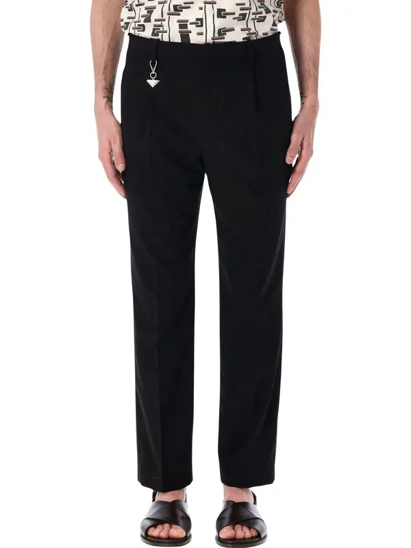 Prada Slim Fit Cotton Tailored Trousers With Enamel Triangle Logo - Black