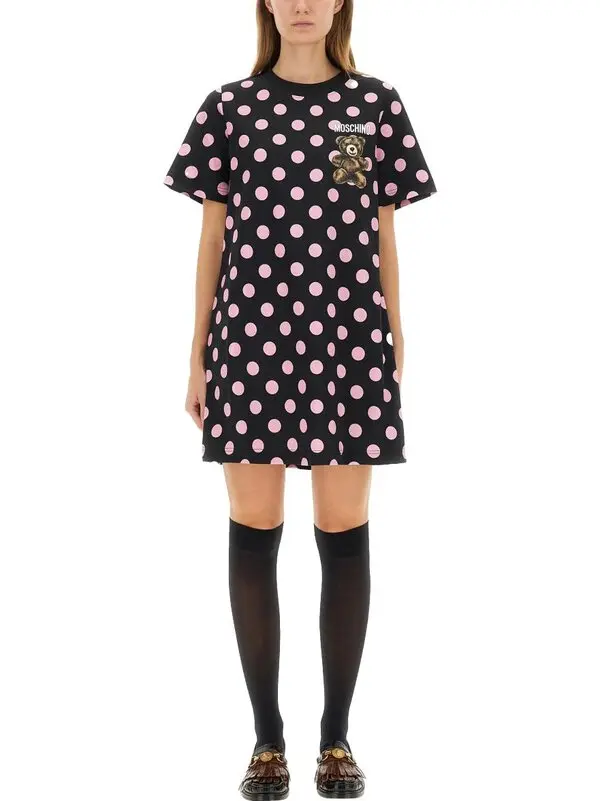 Moschino Polka Dot Teddy Bear Applique T-shirt Dress - Black