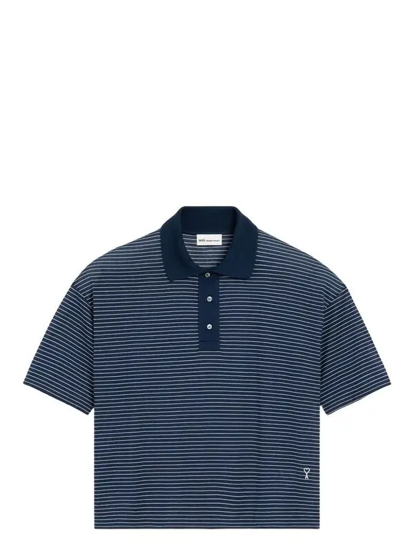 AMI Paris Classic Striped Polo Shirt With Applique - Navy