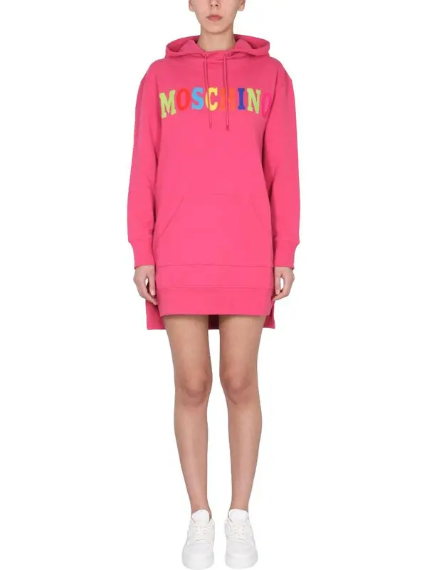 Moschino Hooded Dress With Multicolor Flocked Logo - Fuchsia