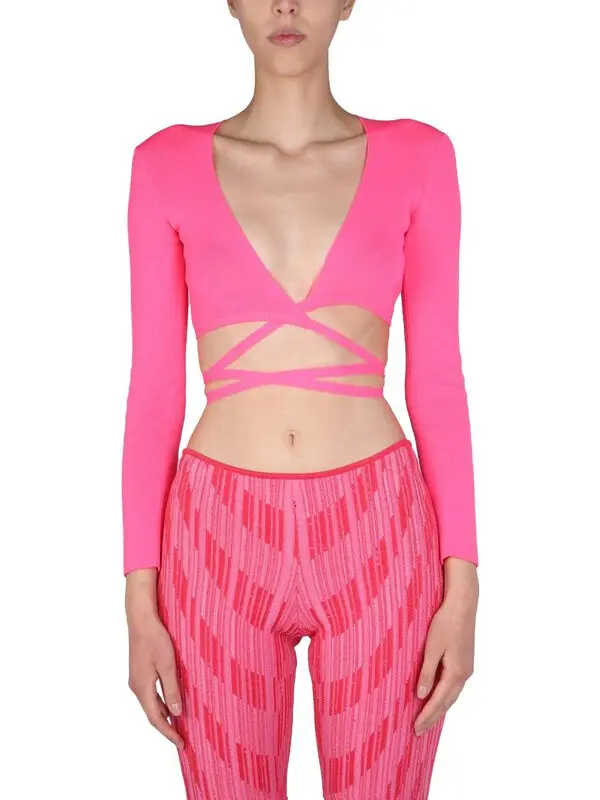 MSGM Cropped V-neck Knit Top - Fuchsia