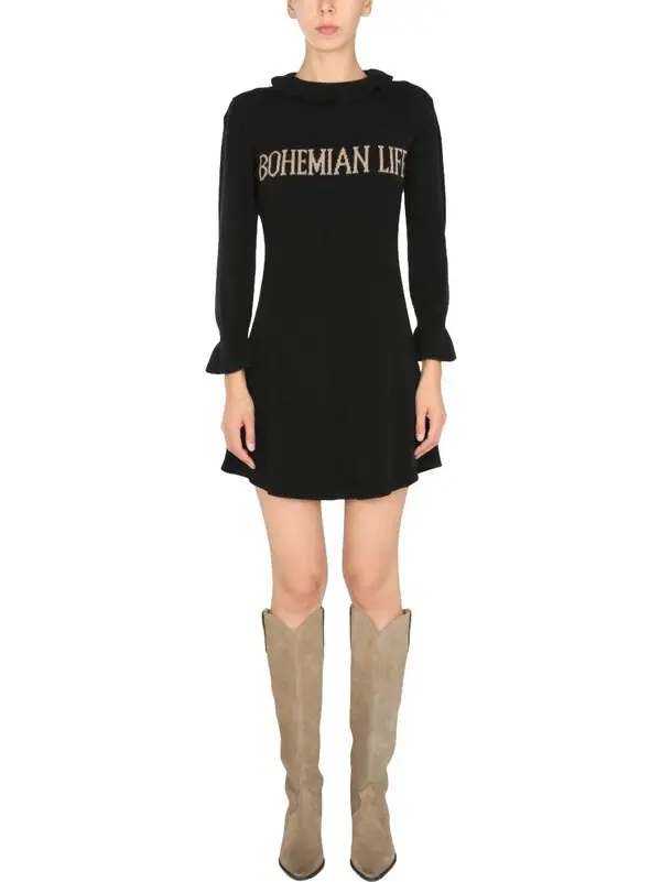 Alberta Ferretti Bohemian Life" Mini Dress With Ruffled High Neck - Black