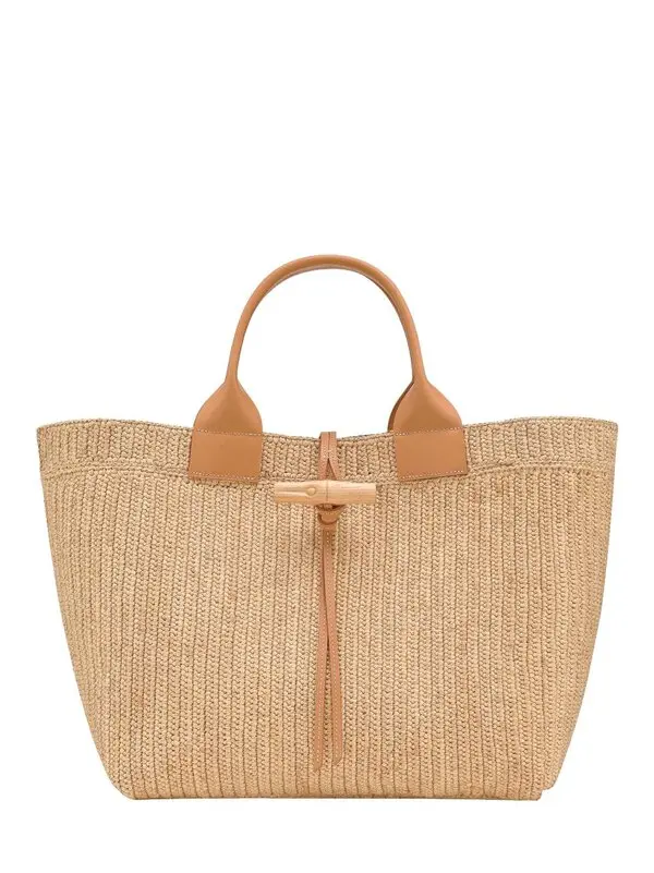 Longchamp Woven Straw Tote Bag With Leather Trim - Beige