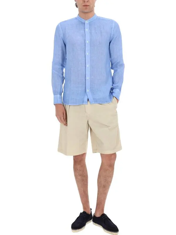 120% Lino Linen Button-front Mandarin Collar Shirt - Azure