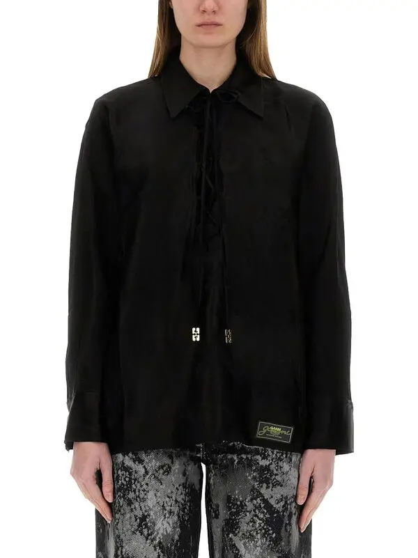 GANNI Satin Jacquard Tie-string Shirt - Black