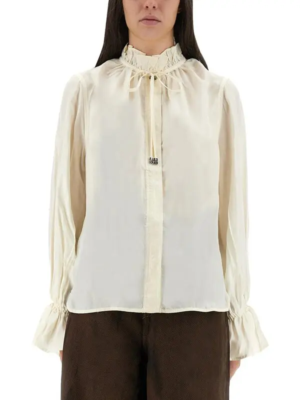 GANNI Bow Detail High Neck Shirt - Ivory