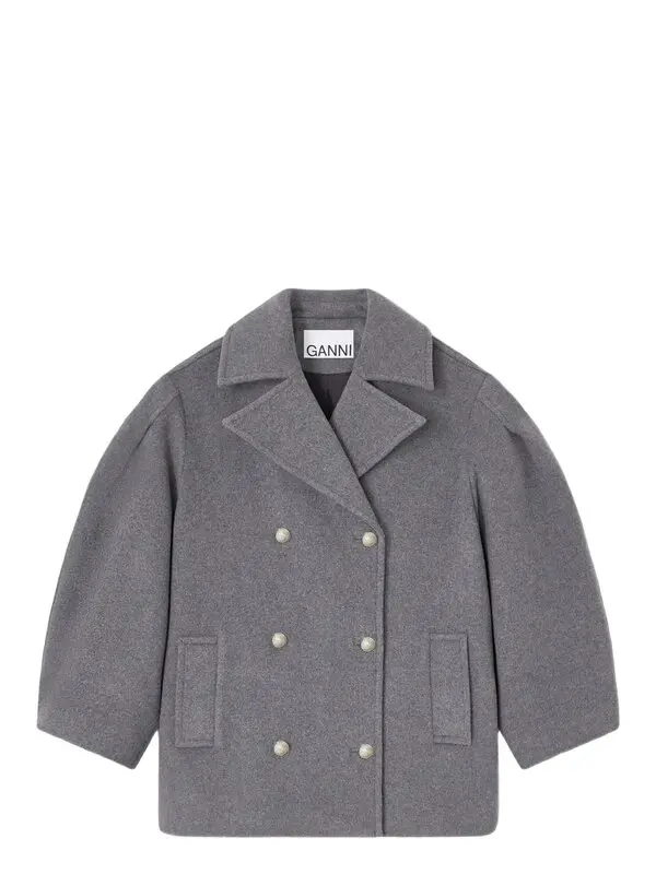 GANNI Button-front Notched Wool Blend Coat - Grey