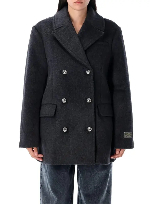 GANNI Double-breasted Recycled Wool Blend Coat - Phantom