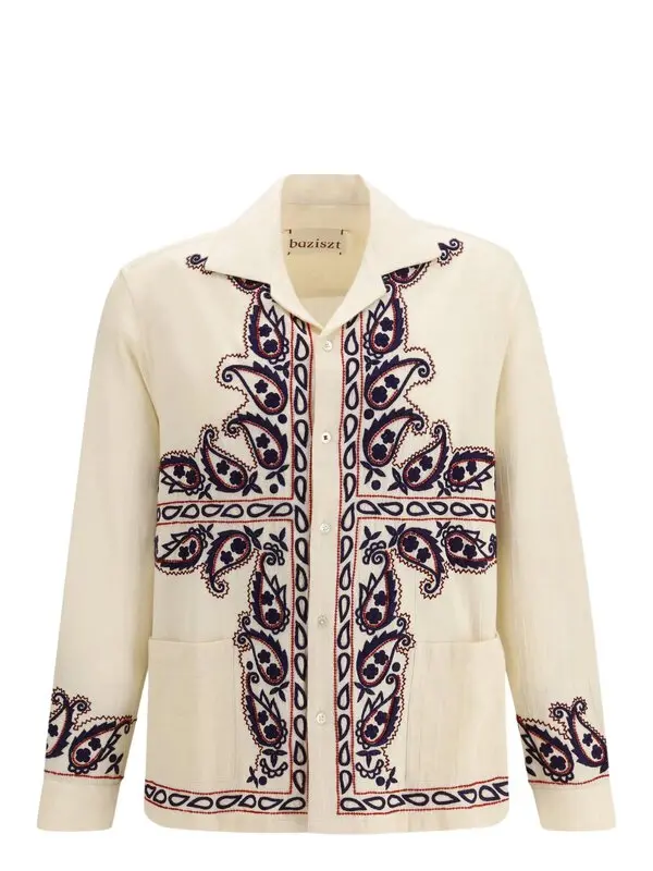 BAZISZT Silk Long Sleeve Button-up Shirt With Cuban Collar - Beige