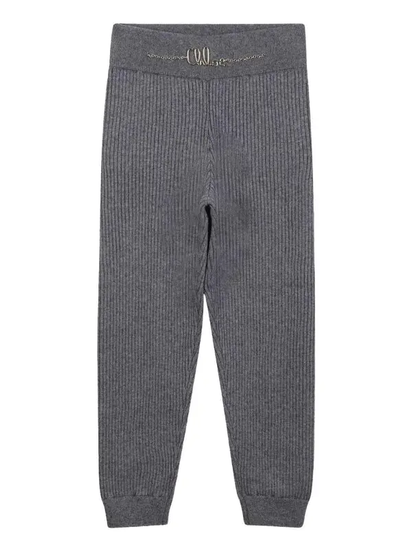 Chloé Ribbed Knit Waistband Pants With Signature Chain Detail - Grey