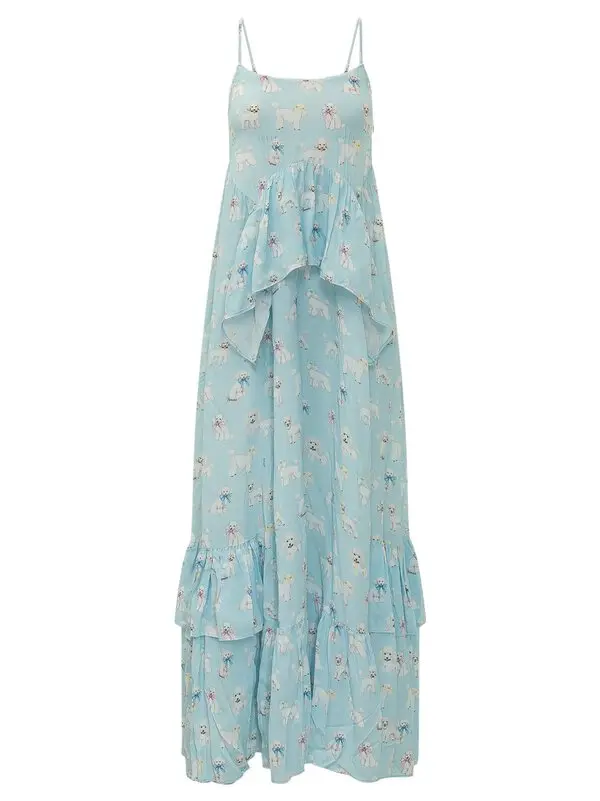Fiorucci Long Maxi Dress With Dog Print And Ruffles - Light Blue