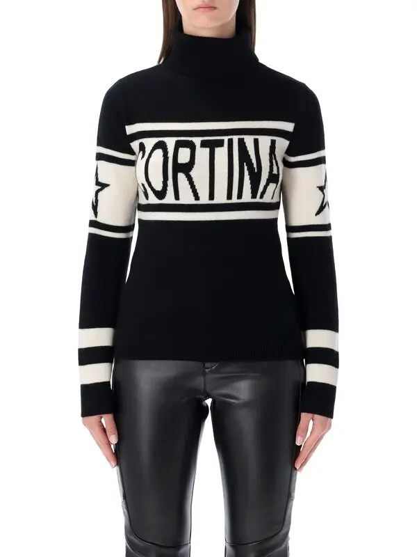 Perfect Moment Fitted Merino Wool Turtleneck Sweater With Intarsia Design - Black
