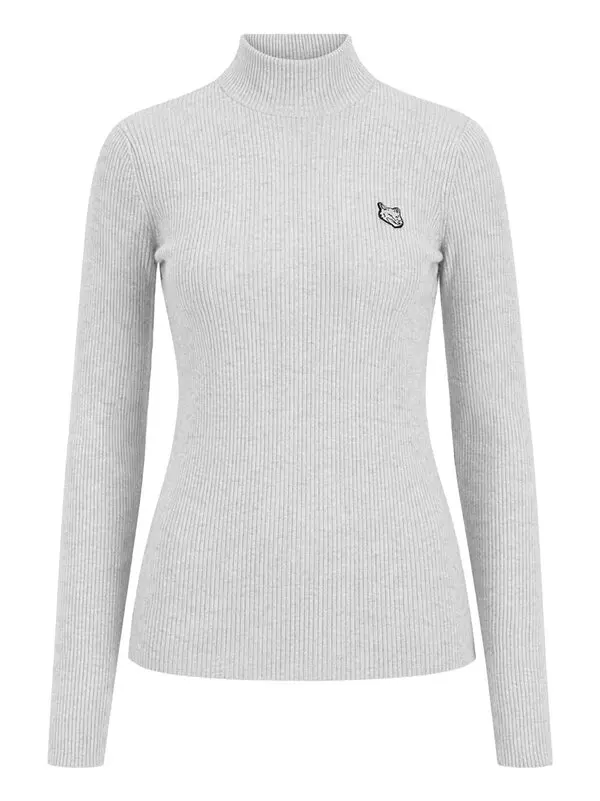 Maison Kitsuné Slim Fit Wool Cotton Blend Ribbed Turtleneck With Fox Patch - Grey