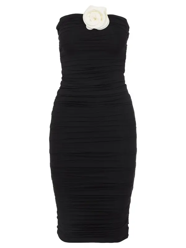 LA REVECHE Mirey Ruched Midi Dress With Floral Applique - Black