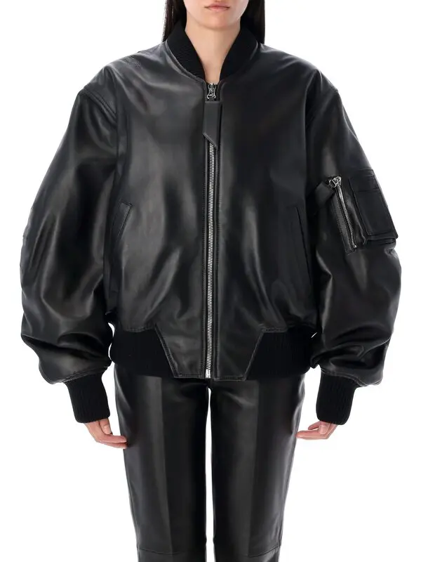 Attico Leather Bomber Jacket - Black