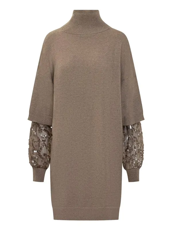 Brunello Cucinelli Cashmere Sweater Mini Dress With Embellished Sleeves - C077