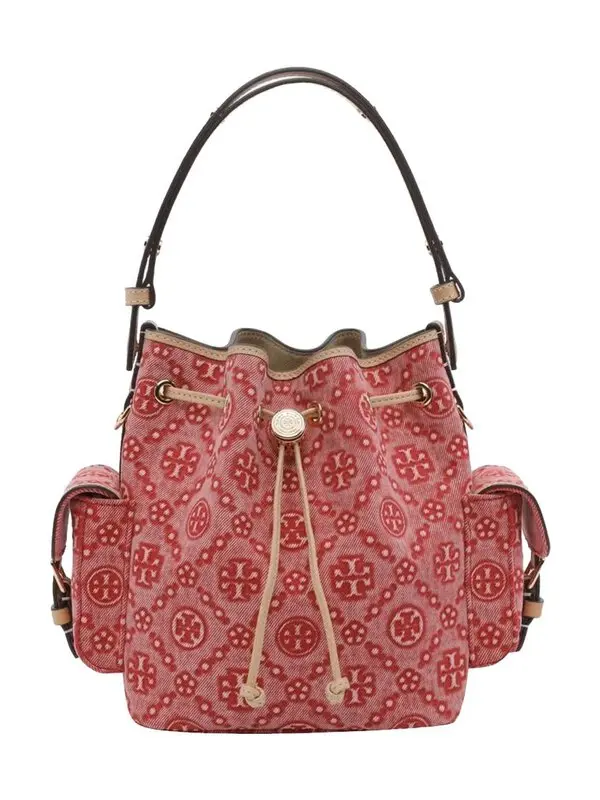 Tory Burch T Monogram Denim Bucket Bag - Red