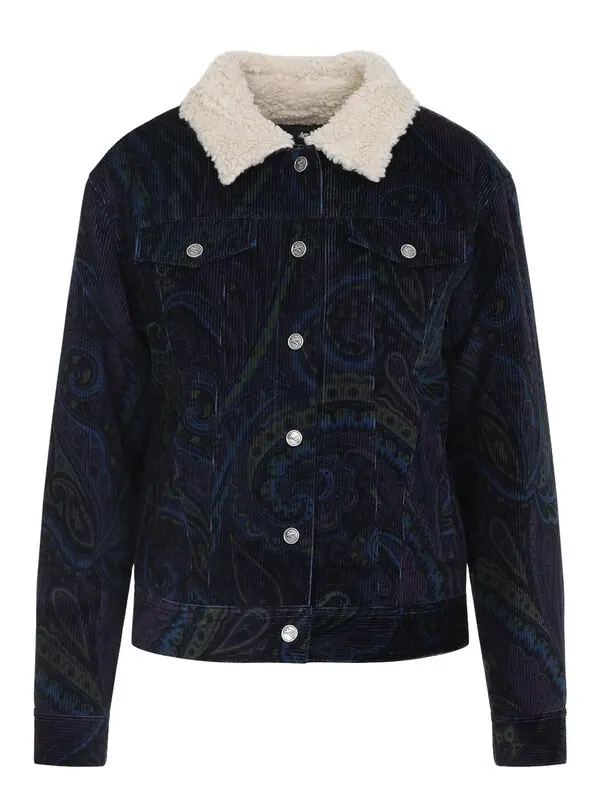 Etro Printed Cotton Blend Jacket With Shearling Collar - Blue
