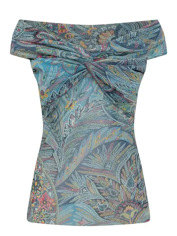 Etro Paisley Print Knot Detail Off-the-shoulder Top - Blue