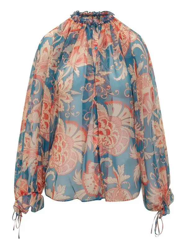 Etro Printed Silk Shirt With Gathered Neck - Blue