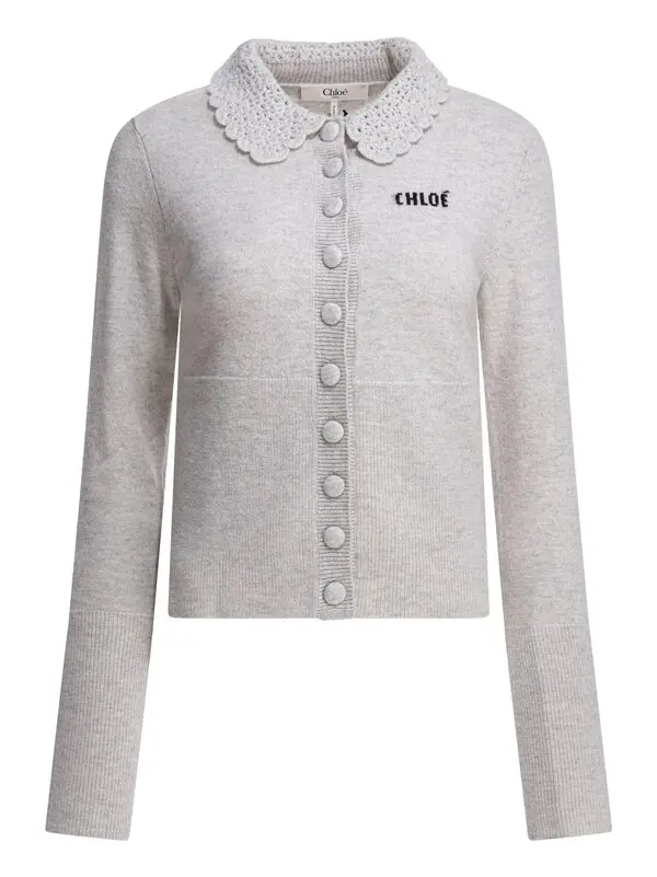 Chloé Fitted Logo Wool Knit Cardigan - Grey