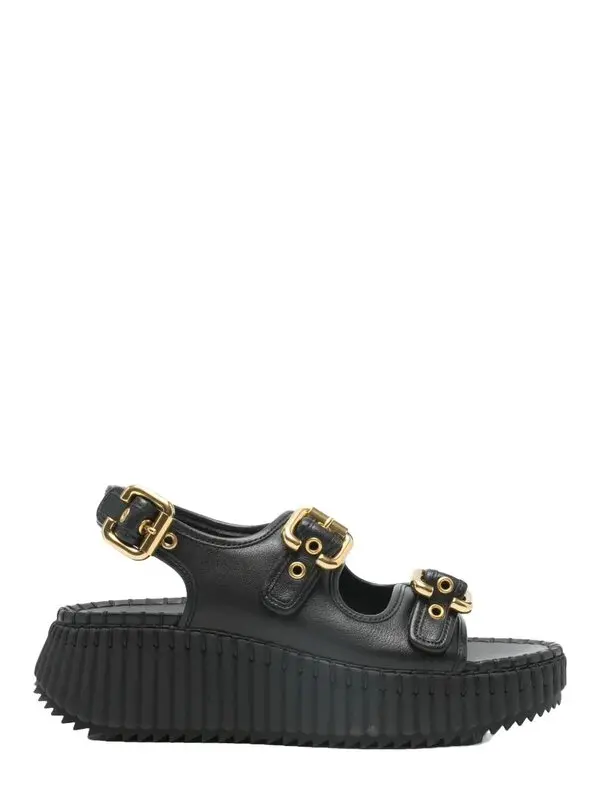 Chloé Leather Platform Sandals With Gold Tone Buckles - Black