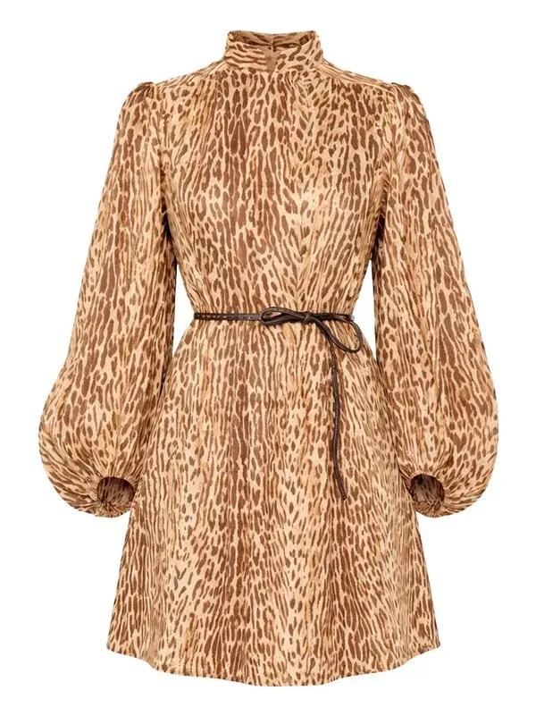 Zimmermann Animal Print Linen Puff Sleeve Belted Mini Dress - Animalier