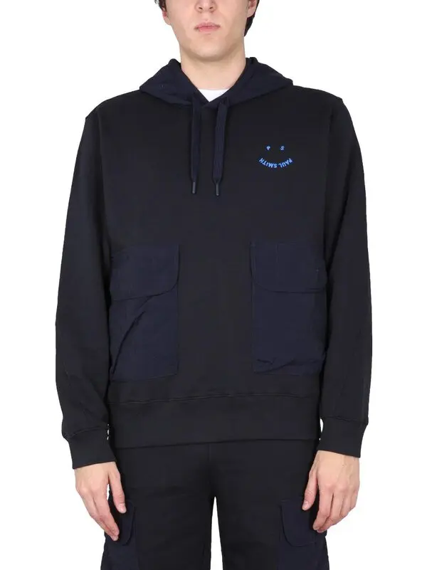 Paul Smith Happy Hoodie" With Drawstring Hood And Logo Print - Blue