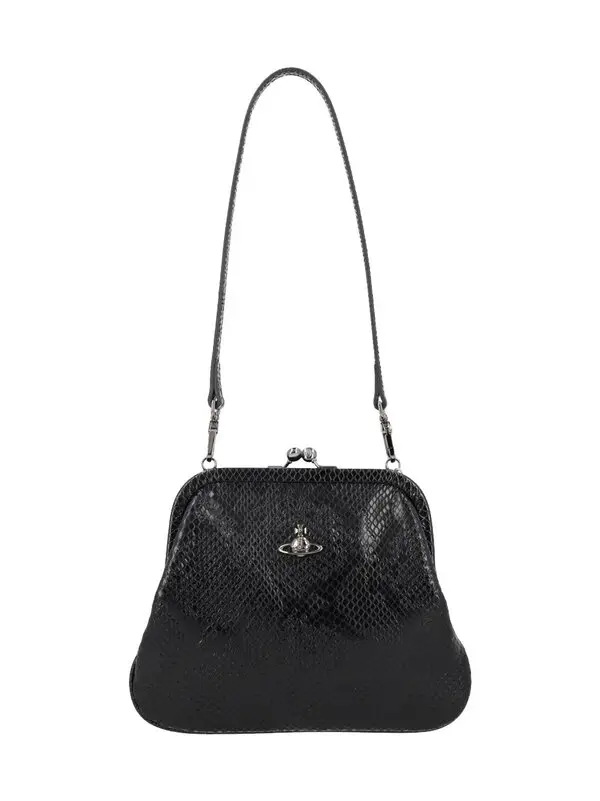 VIVIENNE WESTWOOD Leather Textured Kisslock Shoulder Bag - Black