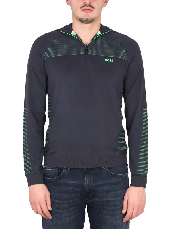 BOSS High Neck Quarter Zip Sweater With Striped Detailing - Blue