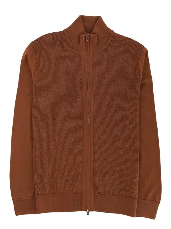 BOSS Virgin Wool Zip-up Sweater - Brown