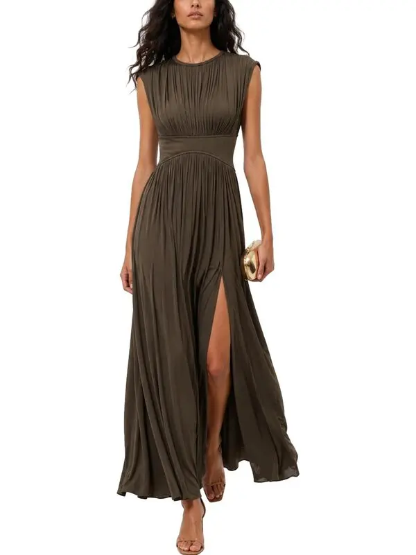 Zimmermann Ruched Sleeveless Maxi Dress With High Slit - Green