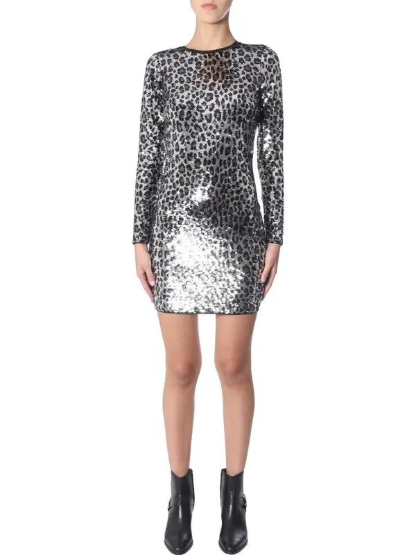 Michael Kors Leopard Sequin Long Sleeve Dress - Grey