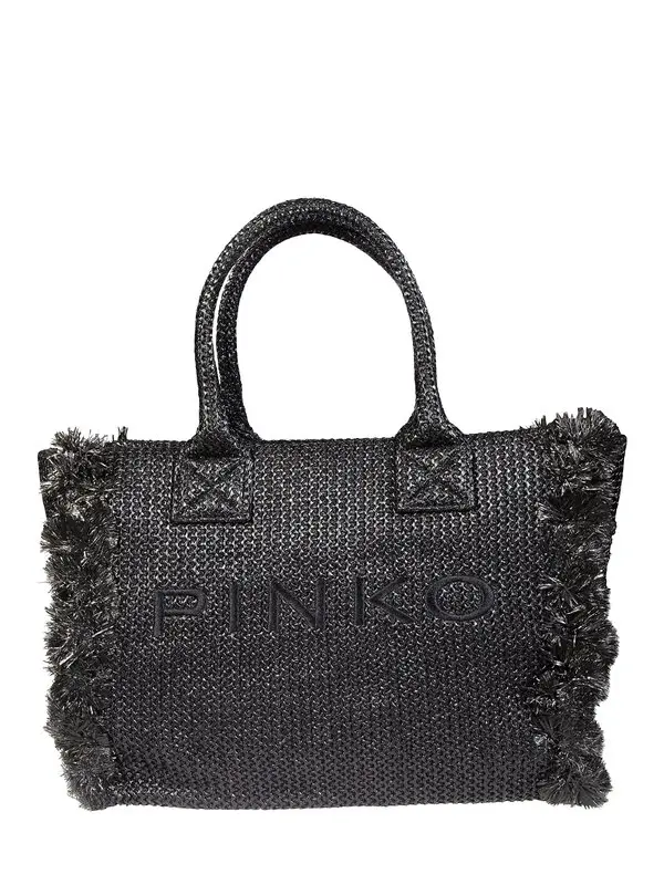 Pinko Raffia Mini Shoulder Bag With Fringe Detail - Nero