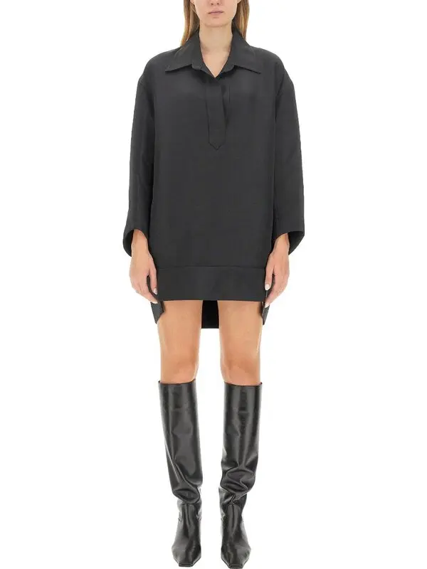 Khaite Collared Long Sleeve Dress In Viscose And Virgin Wool - Black