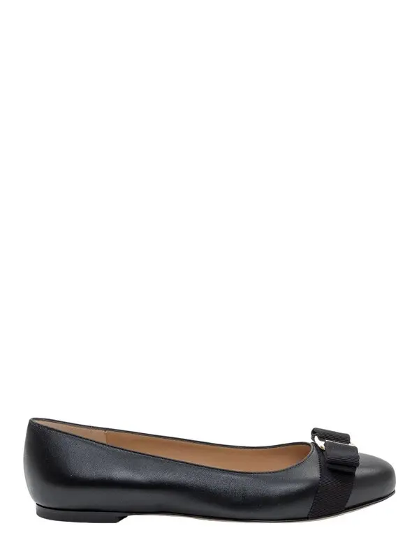 FERRAGAMO Black Leather Bow Detail Ballerina Flats - Nero