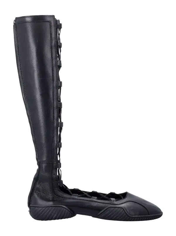 MIISTA Knee-high Lace-up Ballet Flat Boots - Black