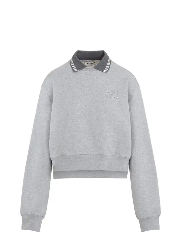 Miu Miu Cotton Collared Sweatshirt With Logo Detail - Grey