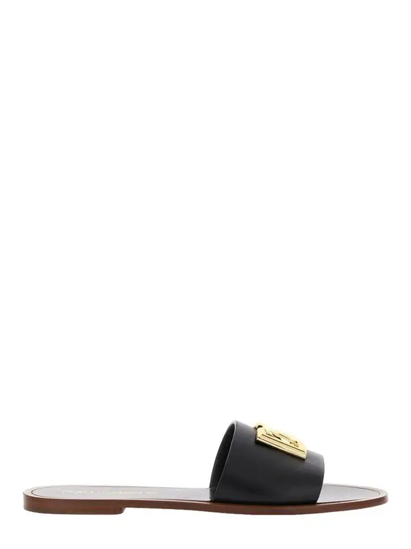 Dolce & Gabbana Calfskin Flat Slip-on Sandals With Logo Detail - Black
