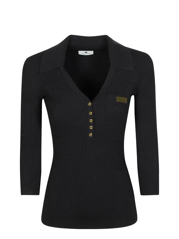 Elisabetta Franchi Ribbed Knit Polo Sweater - Nero