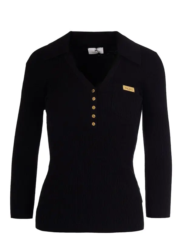 Elisabetta Franchi Ribbed Knit Polo With Button Detail And Pocket - Nero