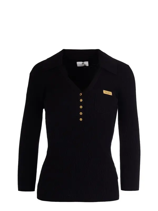 Elisabetta Franchi Ribbed Knit Long Sleeve Polo Top With Gold-tone Buttons - Nero