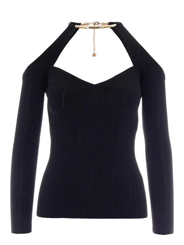 Elisabetta Franchi Ribbed Knit Sweater With Chain Detail - Nero