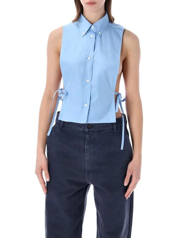 Miu Miu Sleeveless Poplin Shirt With Tie Detail - Light Blue
