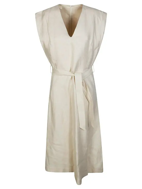 Incotex V-neck Belted Linen Dress - Bianco