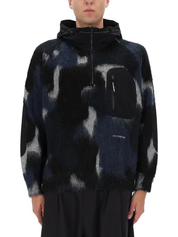 AND WANDER Shaggy Knit Hooded Pullover - Black